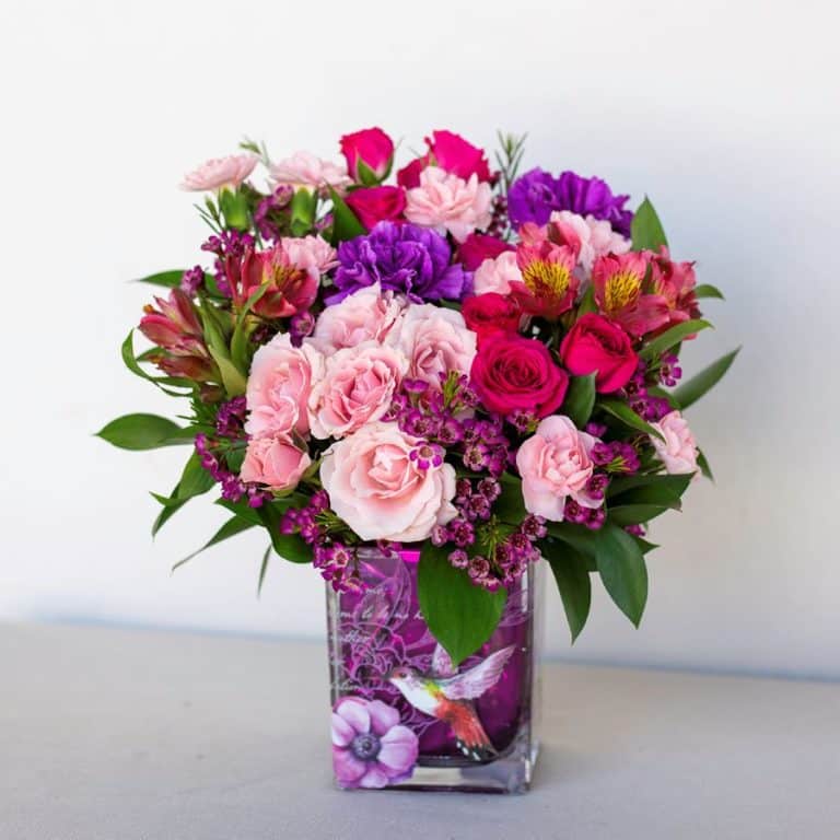 Hummingbird Bouquet - Flower Arrangement in Cube Vase